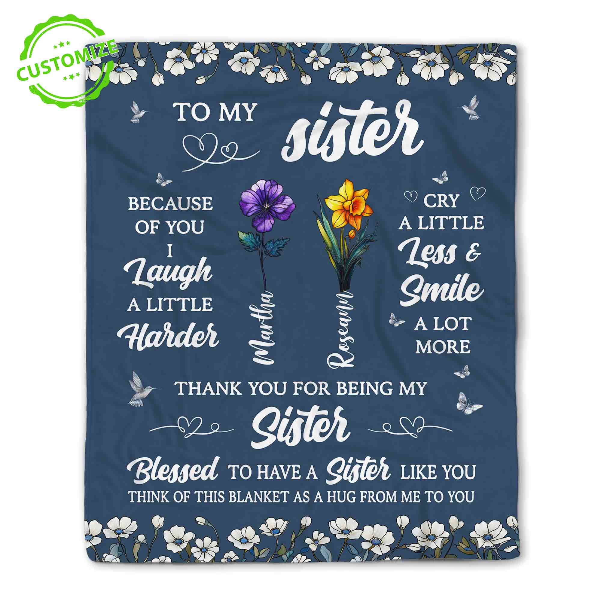 Customizaholic Personalized Sister Blanket – Custom Name Floral Gift ...