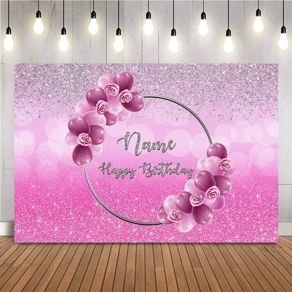 Customize Name Birthday Backdrop Sliver Glitter and Pink Background for ...