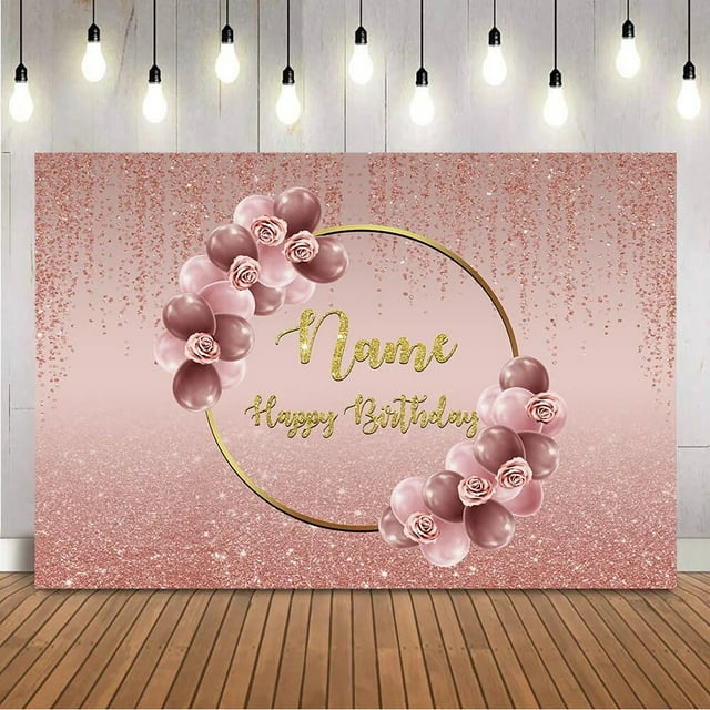 Customize Name Birthday Backdrop Sliver Glitter and Pink Background for ...