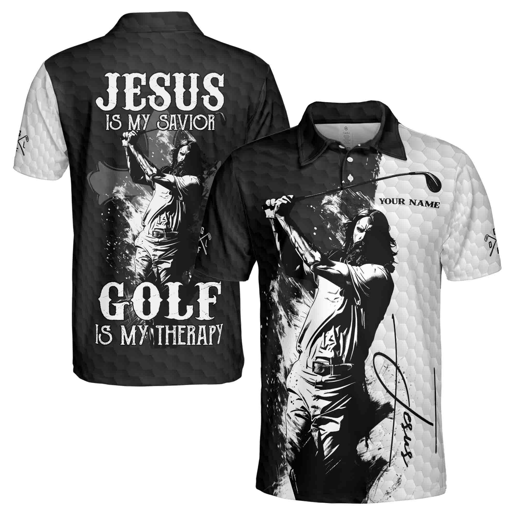 Customize Name Jesus Is My Savior Golf Is My Therapy Men's Polo Shirt S ...