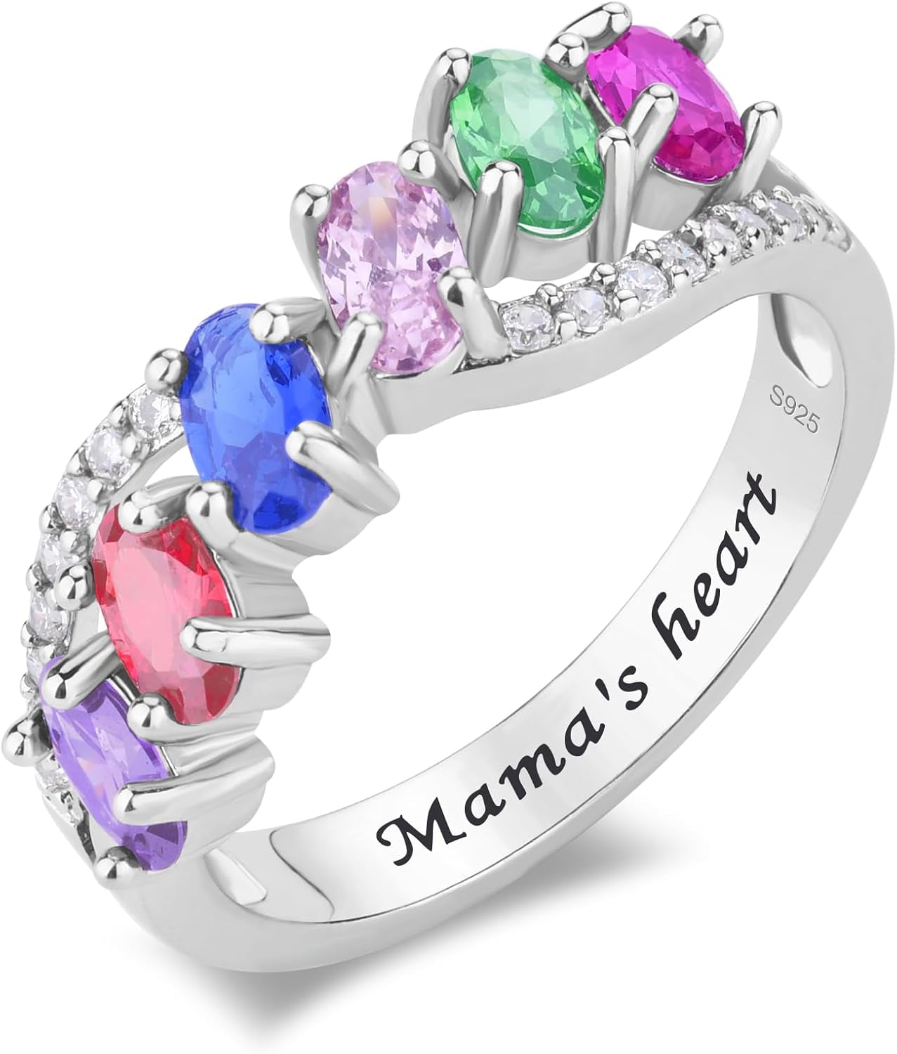 Customized 925 Sterling Silver Mothers Ring Personalized Text 1-6 Birthstones Ideal Jewelry Gift ...