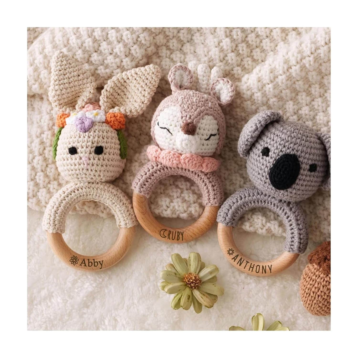 Customized Baby Rattle 0-3 Months with Name, Handmade Soft Wooden ...