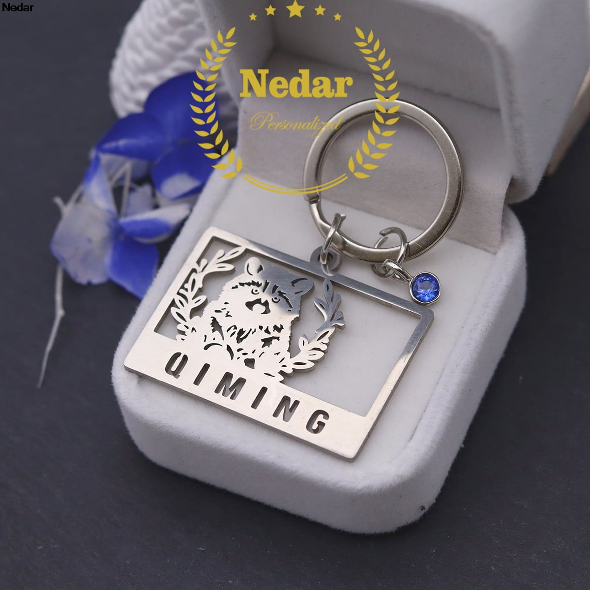 Customized Bear Nameplate Birthstone Keychain Stainless Steel Forest ...