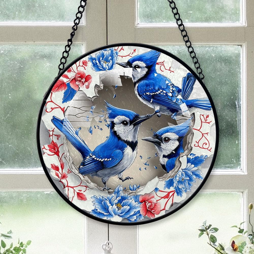 Customized Blue Bird Hanging Stained Glass for Windows , Blue Bird Hand ...