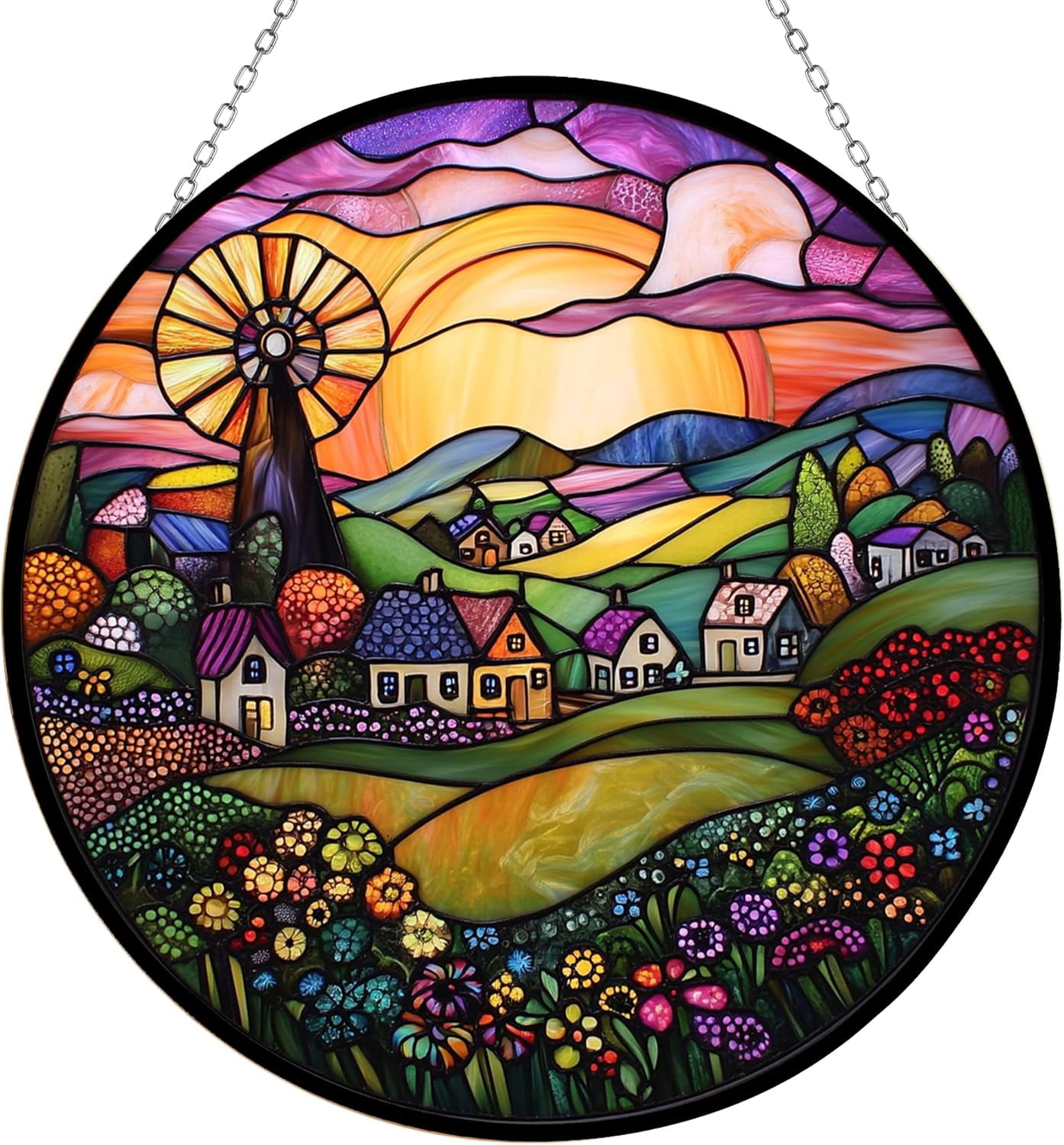 Customized Boho Folk Art Windmill Landscape Stained Glass Window ...
