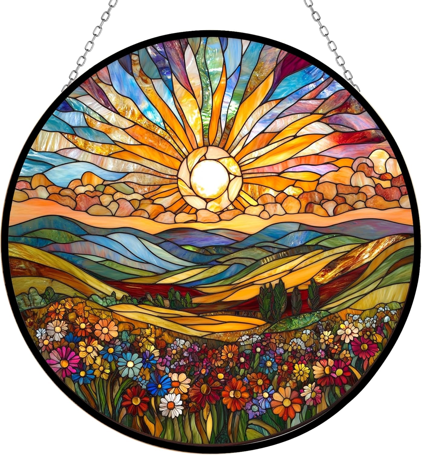 Customized Boho Golden Sunburst Over Rolling Hills Stained Glass Window ...