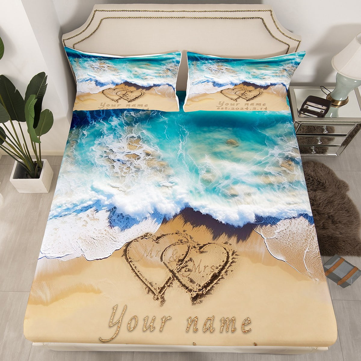 Customized Couple Fitted Sheet Beach Scenery Bed Set Full Size ...