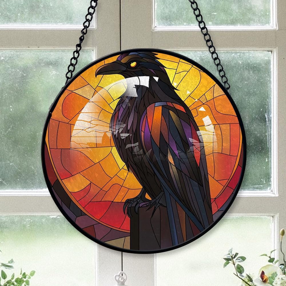 Customized Crow Hanging Stained Glass for Windows , Crow Hand-Painted ...