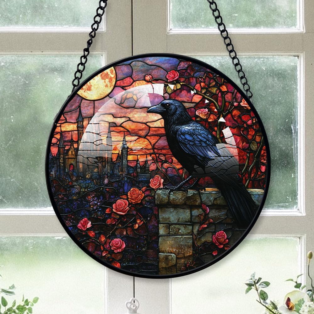 Customized Crow Hanging Stained Glass for Windows , Crow Hand-Painted ...