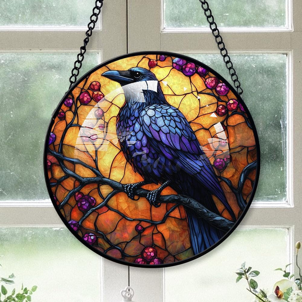 Customized Crow Stained Glass, Crow Glass Panel Sun Catchers Pretty ...