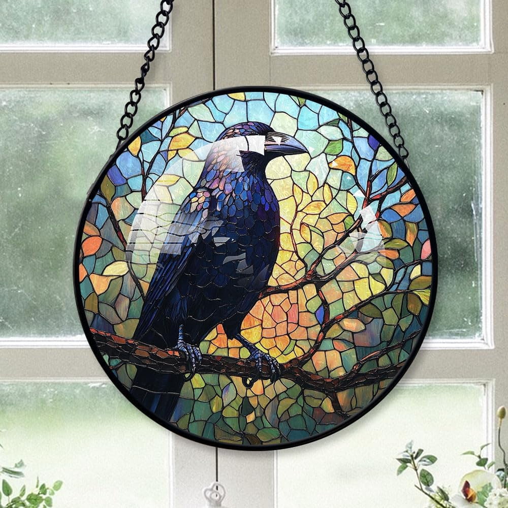 Customized Crow Stained Glass, Crow Suncatchers, Crow Window Hangings ...