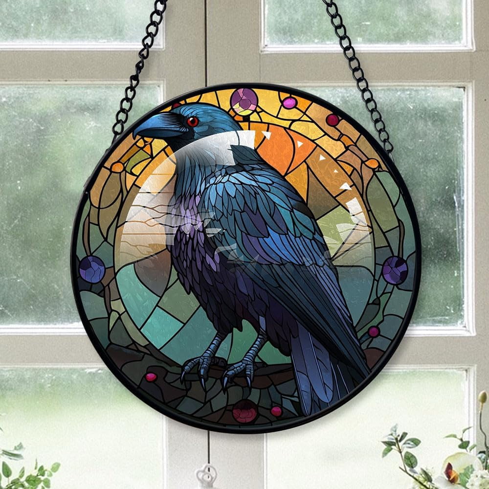 Customized Crow Stained Glass, Crow Suncatchers, Crow Window Hangings ...