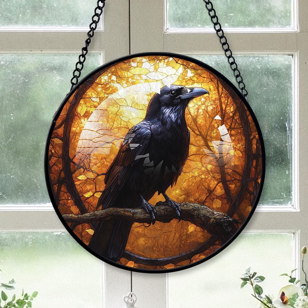 Customized Crow Stained Glass, Crow Suncatchers, Crow Window Hangings ...