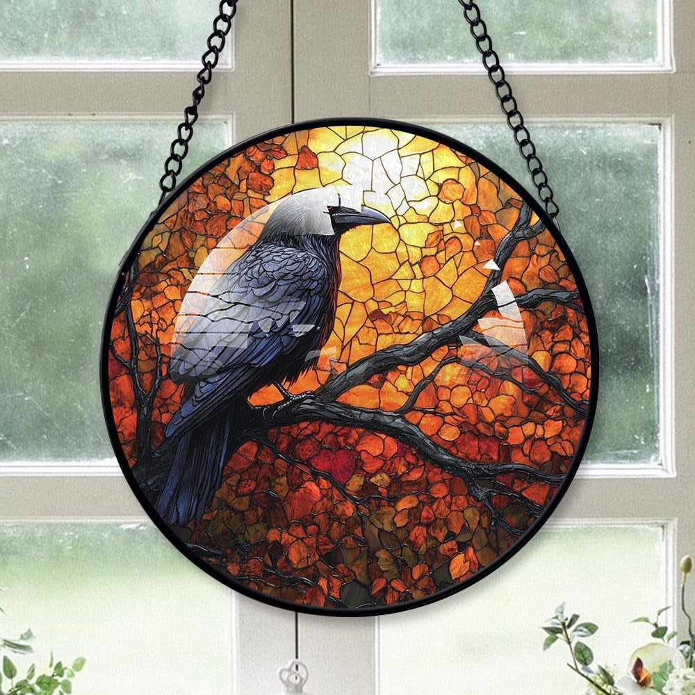 Customized Crow Stained Glass, Crow Suncatchers, Crow Window Hangings ...
