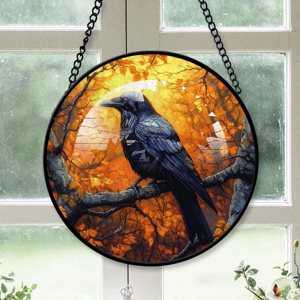 Customized Crow Stained Glass Window Hangings, Crow Colorful Glass ...
