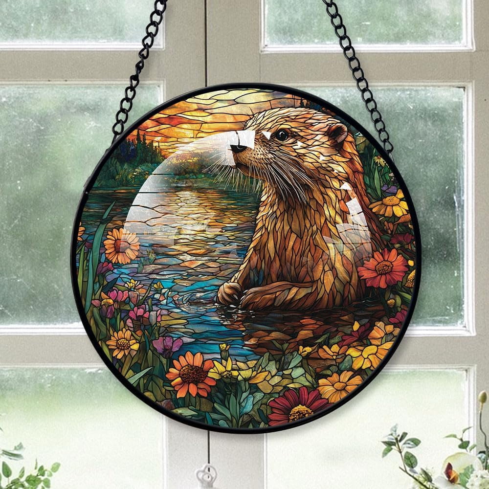 Customized Cute Otter Hanging Stained Glass for Windows 30cm, Cute ...