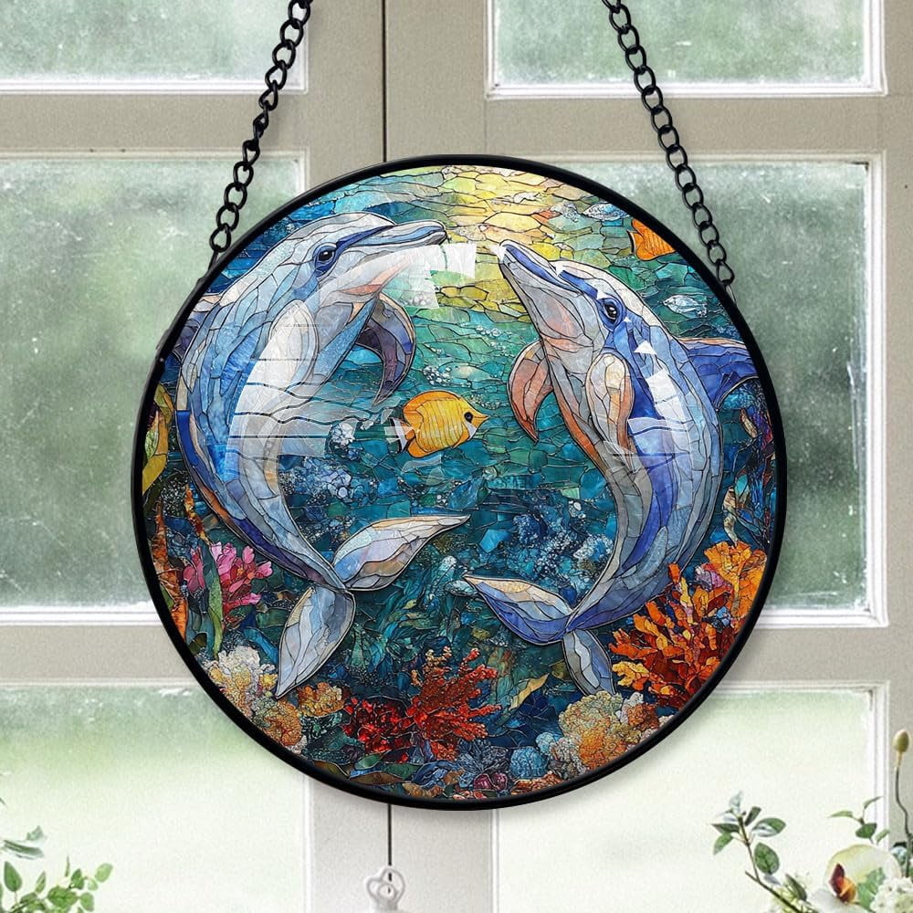 Customized Dolphin Stained Glass Window Hangings, Dolphin Colorful ...