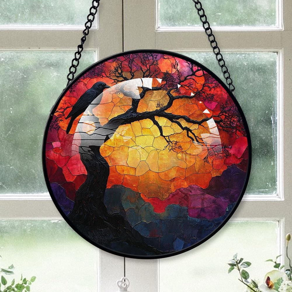 Customized Eerie Night Crow Suncatcher Stained Glass, Eerie Night Crow ...
