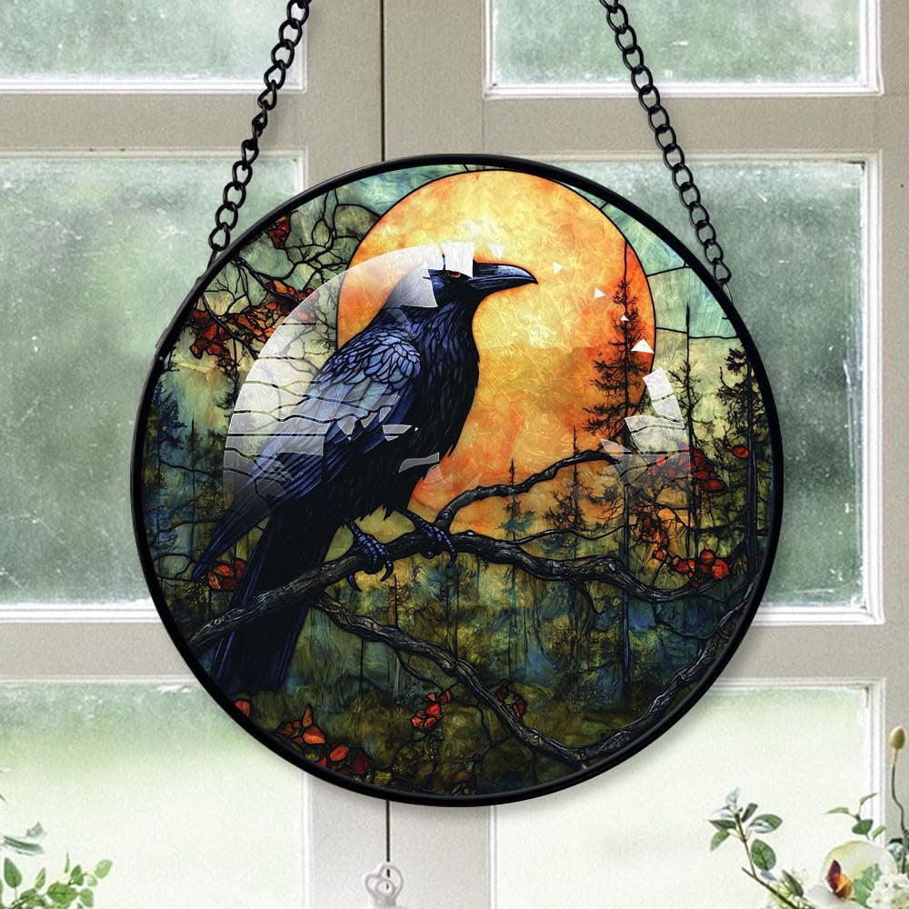 Customized Eerie Night Crow Suncatcher Stained Glass, Eerie Night Crow ...