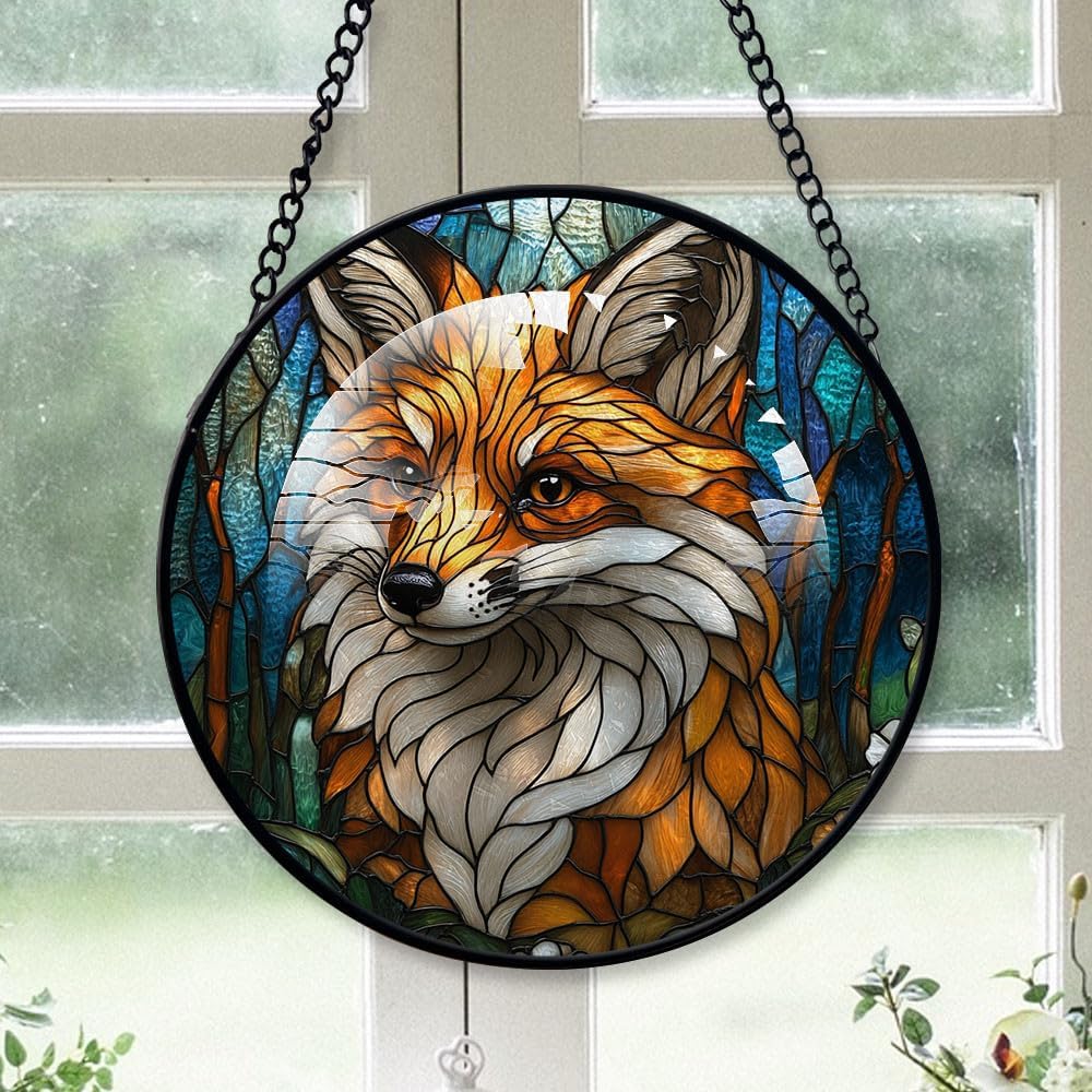 Customized Fox Hanging Stained Glass for Windows , Fox Hand-Painted Sun ...
