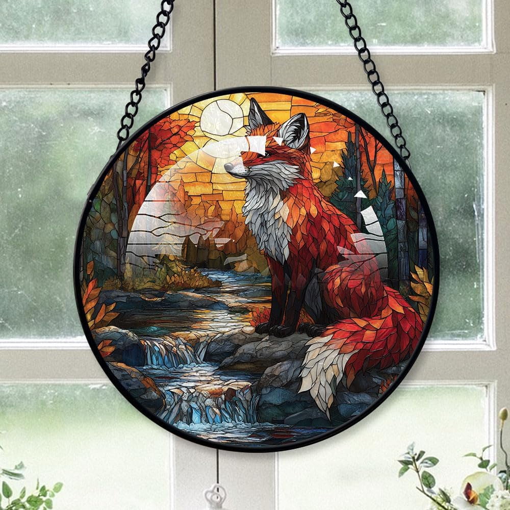 Customized Fox Hanging Stained Glass for Windows , Fox Hand-Painted Sun Catcher, Fox Garden ...