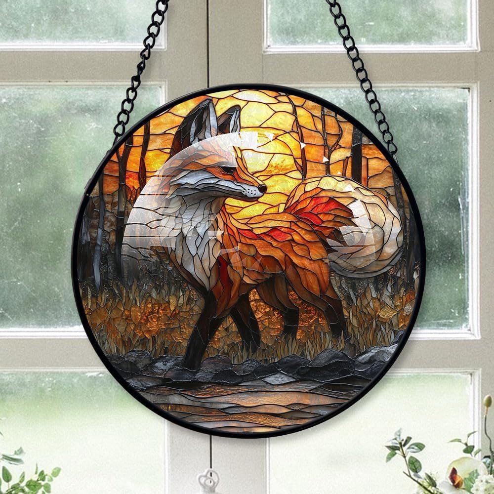 Customized Fox Stained Glass Window Hangings, Fox Colorful Glass Panel ...