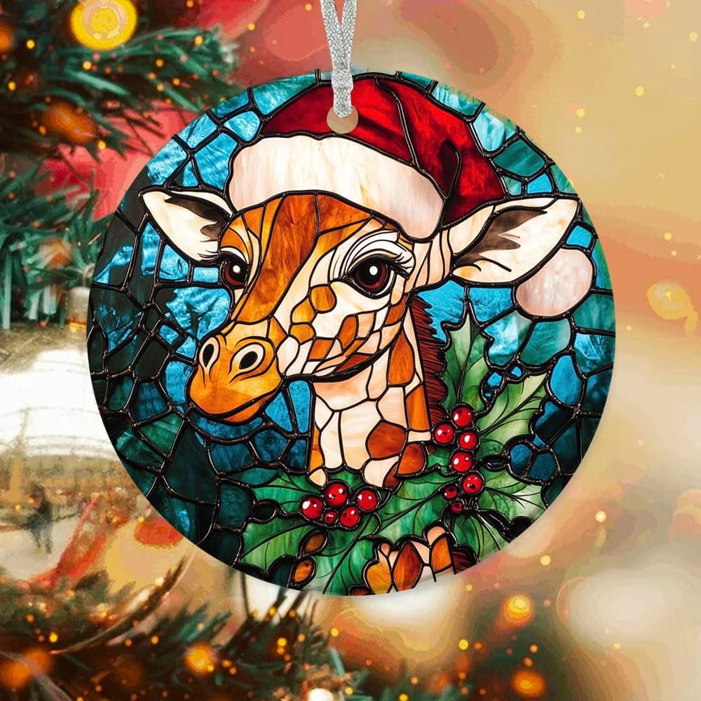 Customized Giraffe Santa Stained Glass Ornaments, Giraffe Santa for ...