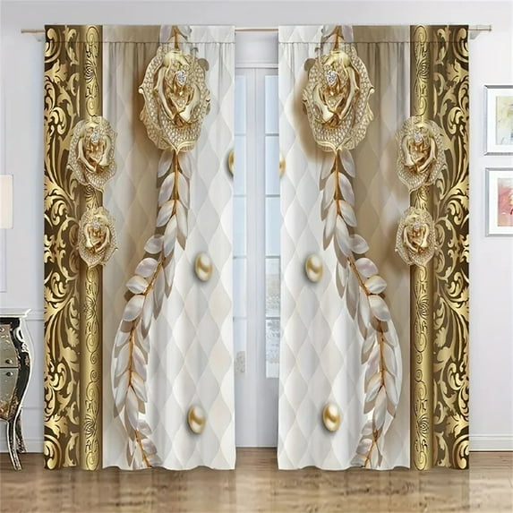 Customized Gold Swan Print Curtains Peacock Curtain Rod Pocket Window ...