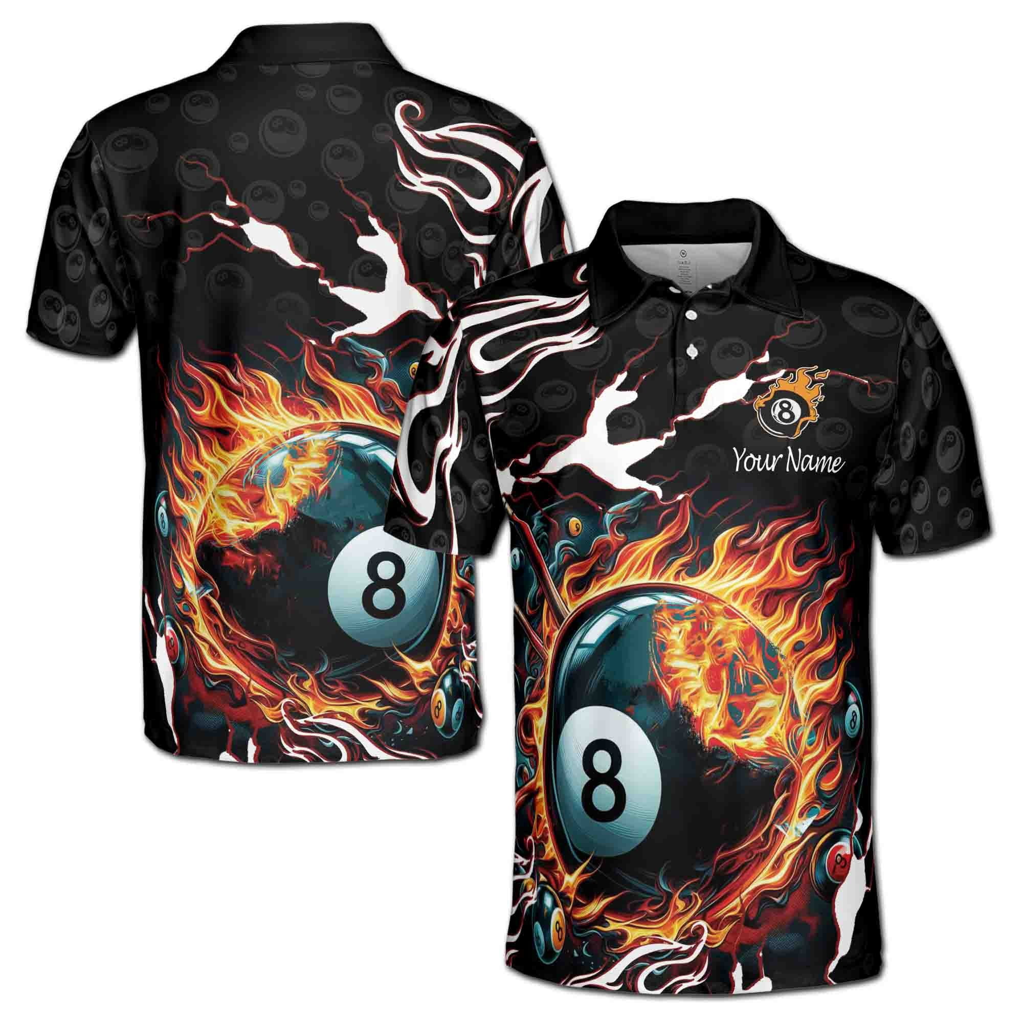 Customized Name Flaming 8-Ball Billiards on Fire Men's Polo Shirt S-5XL ...
