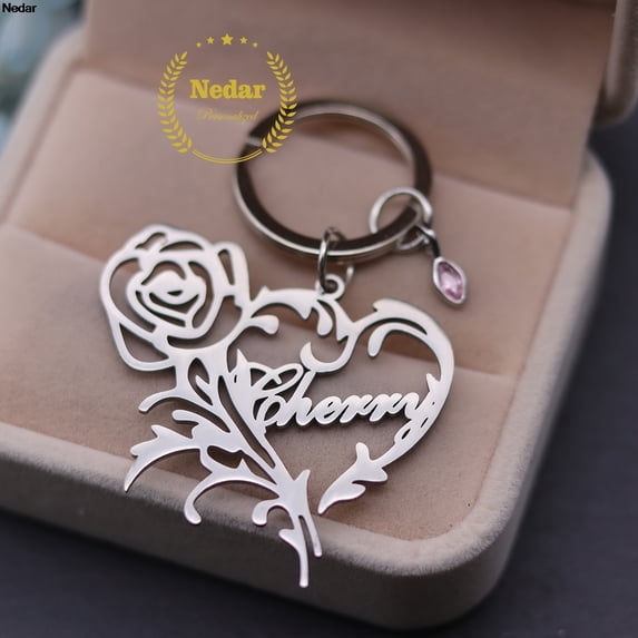Customized Name Heart Love Keyring Stainless Steel Rose Flower ...