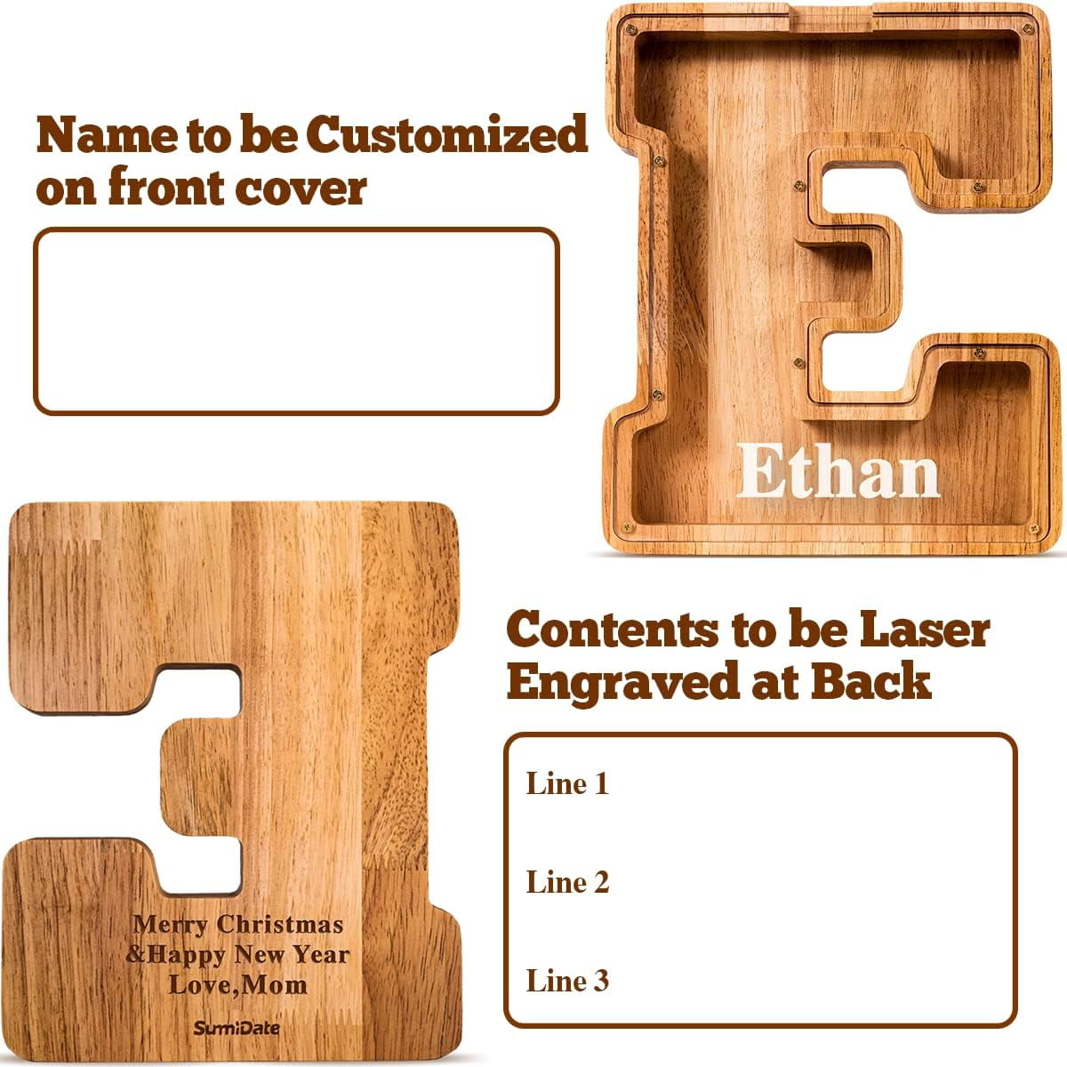 Customized Name Large Wooden Piggy Bank For Kids Boys Girls Alphabets ...