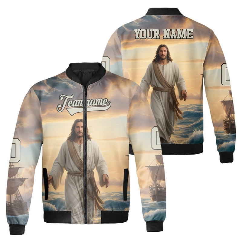 Customized Name & Number Jesus Walking On Water Bomber Jacket ...