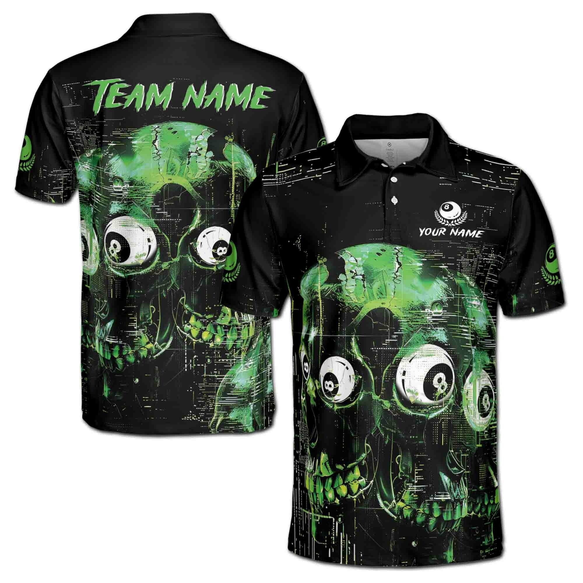 Customized Name Team Name Billiard 9 Balls Green Skull Pool Lover Men's ...