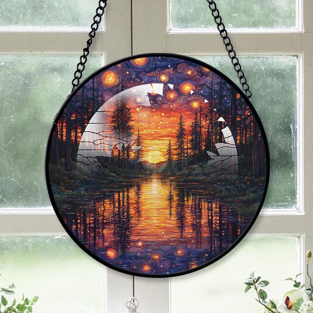 Customized Night Scene Hanging Stained Glass for Windows , Night Scene ...