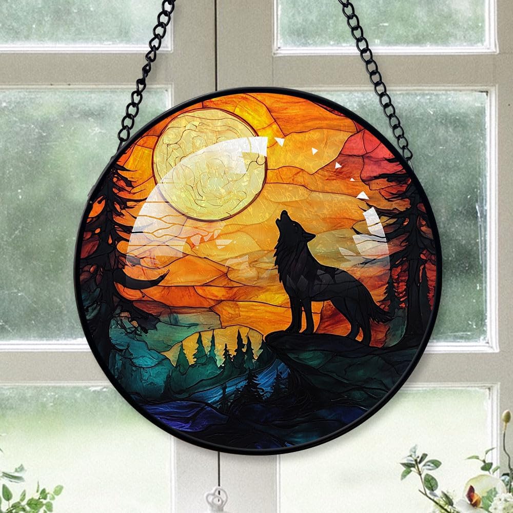 Customized Night Wolf Hanging Stained Glass for Windows 30cm, Night ...