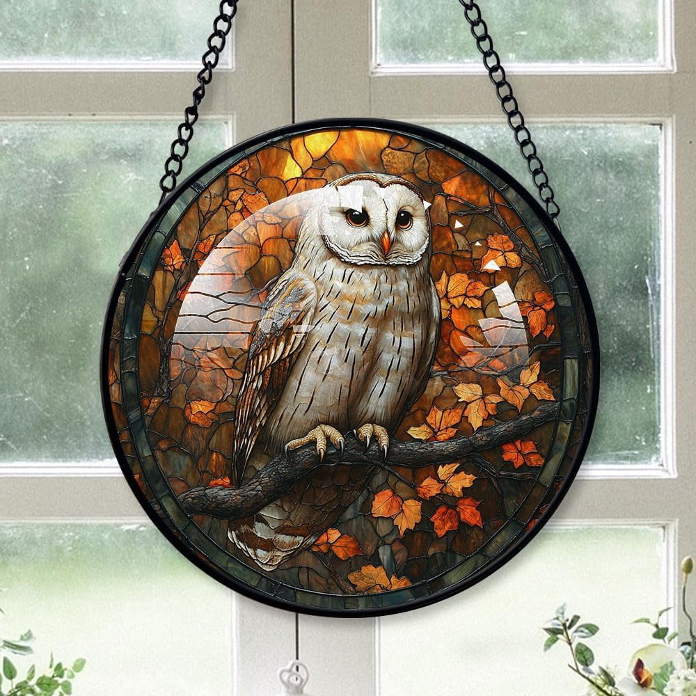 Customized Owl Hanging Stained Glass for Windows , Owl Hand-Painted Sun ...