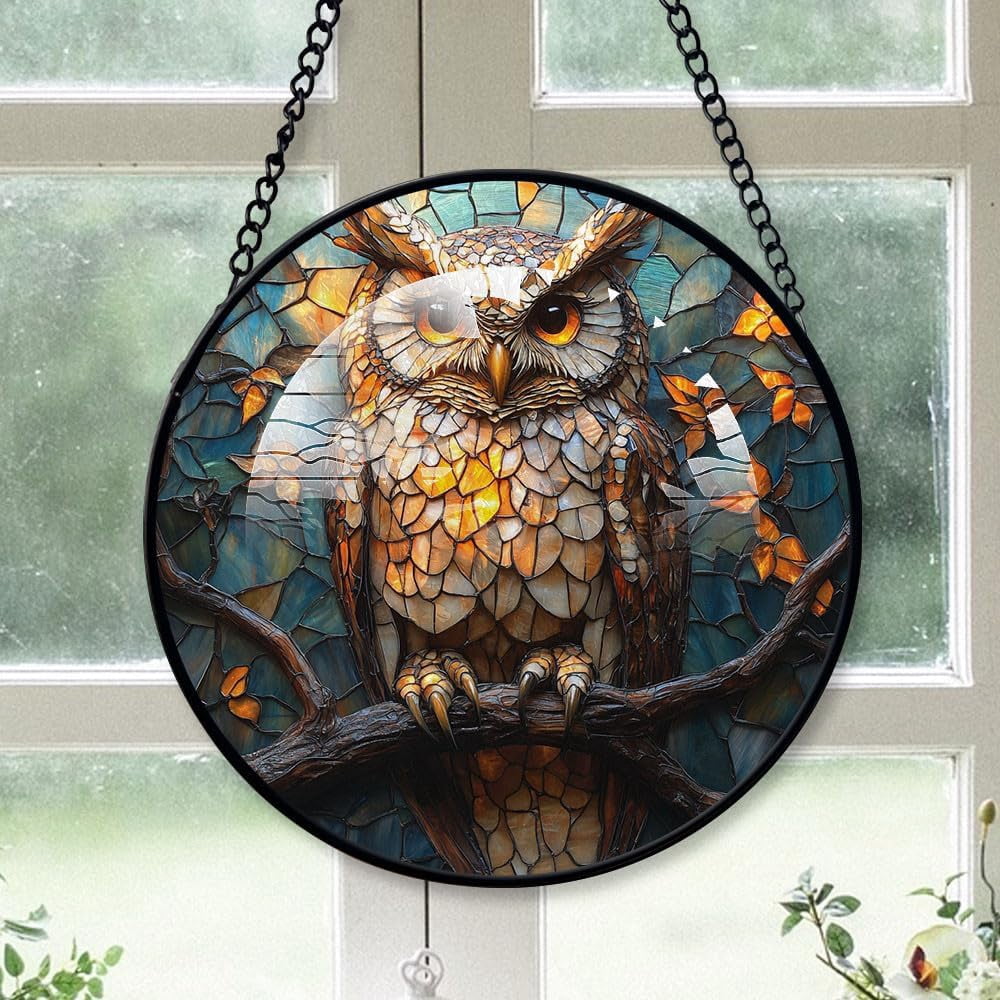 Customized Owl Hanging Stained Glass for Windows , Owl Hand-Painted Sun ...