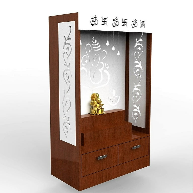 Customized Pooja Mandir With Door And Cabinets Storage Wooden Temple For Home And Office Puja Mandir Color Brown