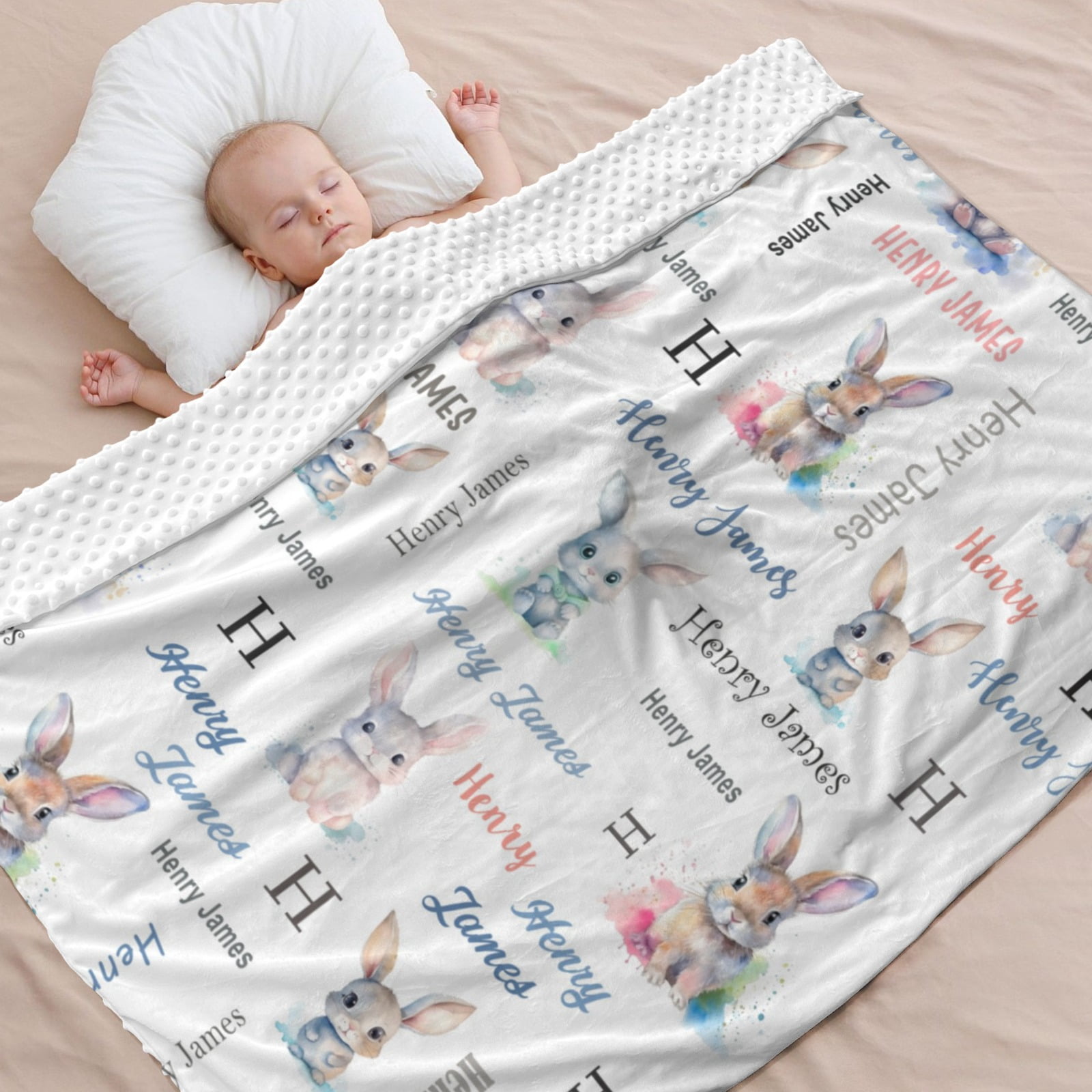 Customized Rabbit Baby Blanket with Name Double Layer Soft Plush Minky ...