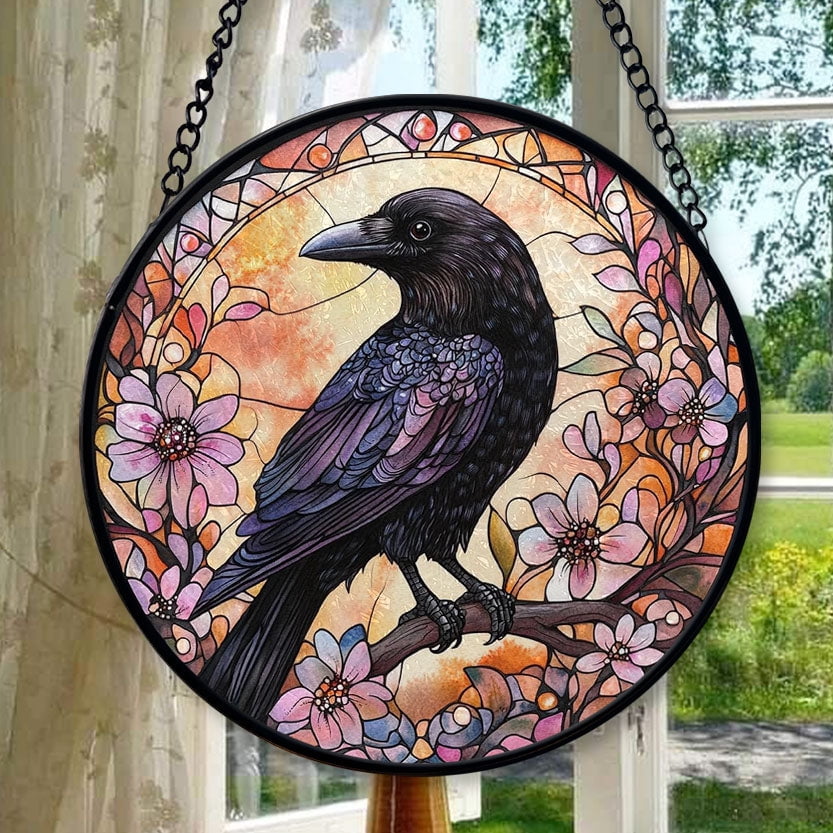 Customized Raven Botanical Painting Stained Glass Suncatcher Window ...