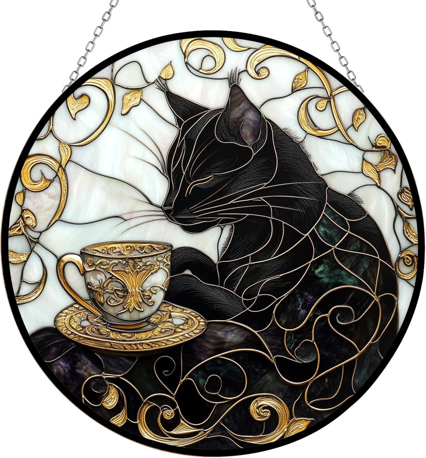 Customized Regal Victorian Black Cat Stained Glass Window Hanging ...