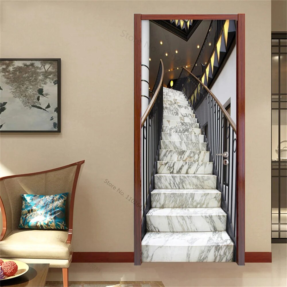 Customized Size Door Sticker Adhesive 3D Spiral Stairs Full Door Wrap ...