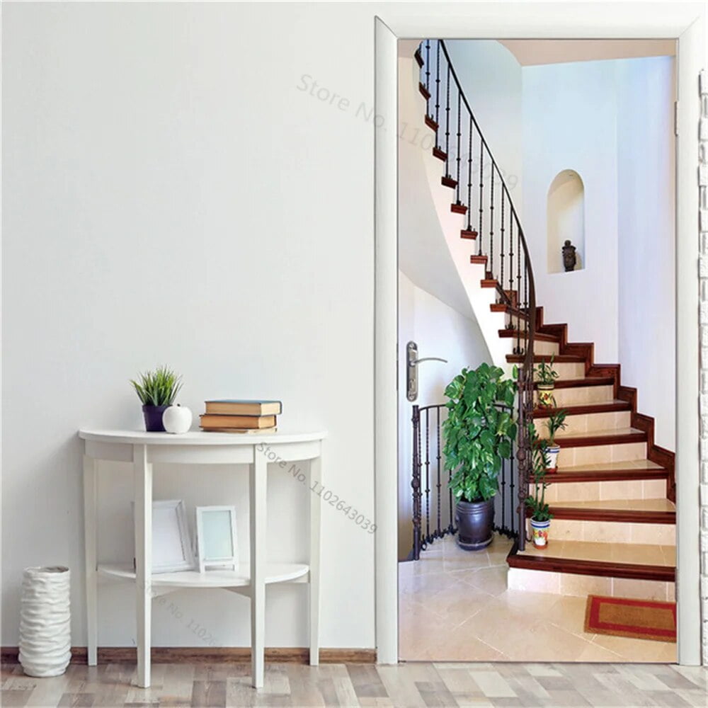 Customized Size Door Sticker Adhesive 3D Spiral Stairs Full Door Wrap ...