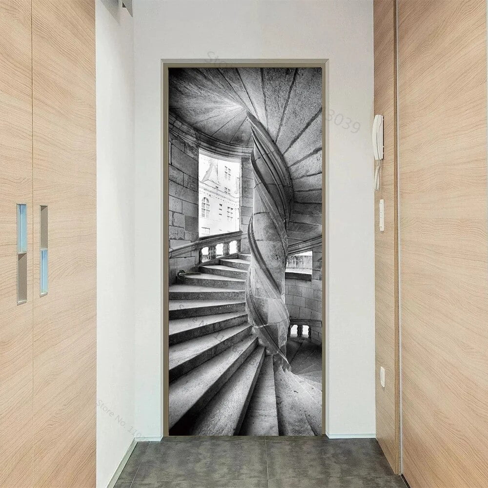 Customized Size Door Sticker Adhesive 3D Spiral Stairs Full Door Wrap ...