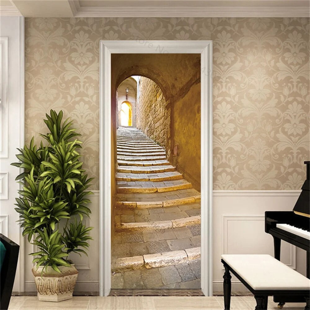 Customized Size Door Sticker Adhesive 3D Spiral Stairs Full Door Wrap ...