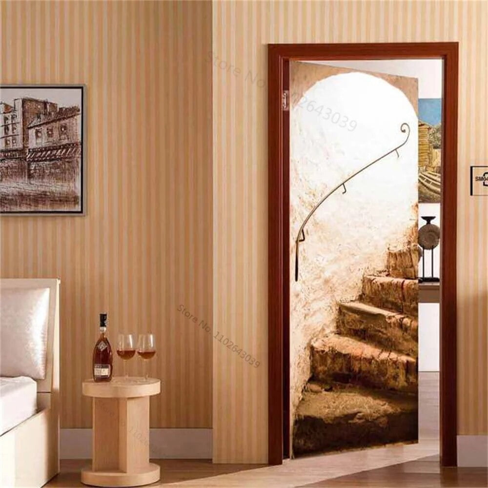 Customized Size Door Sticker Adhesive 3D Spiral Stairs Full Door Wrap ...