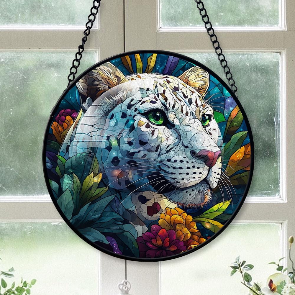 Customized Snow Leopard Stained Glass Window Hangings, Snow Leopard ...