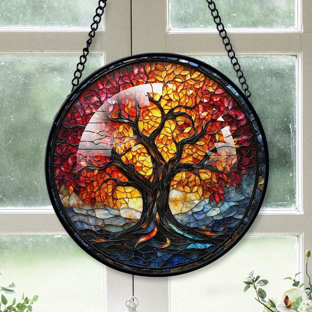 Customized Tree of Life Hanging Stained Glass for Windows , Tree of Life Hand-Painted Sun ...