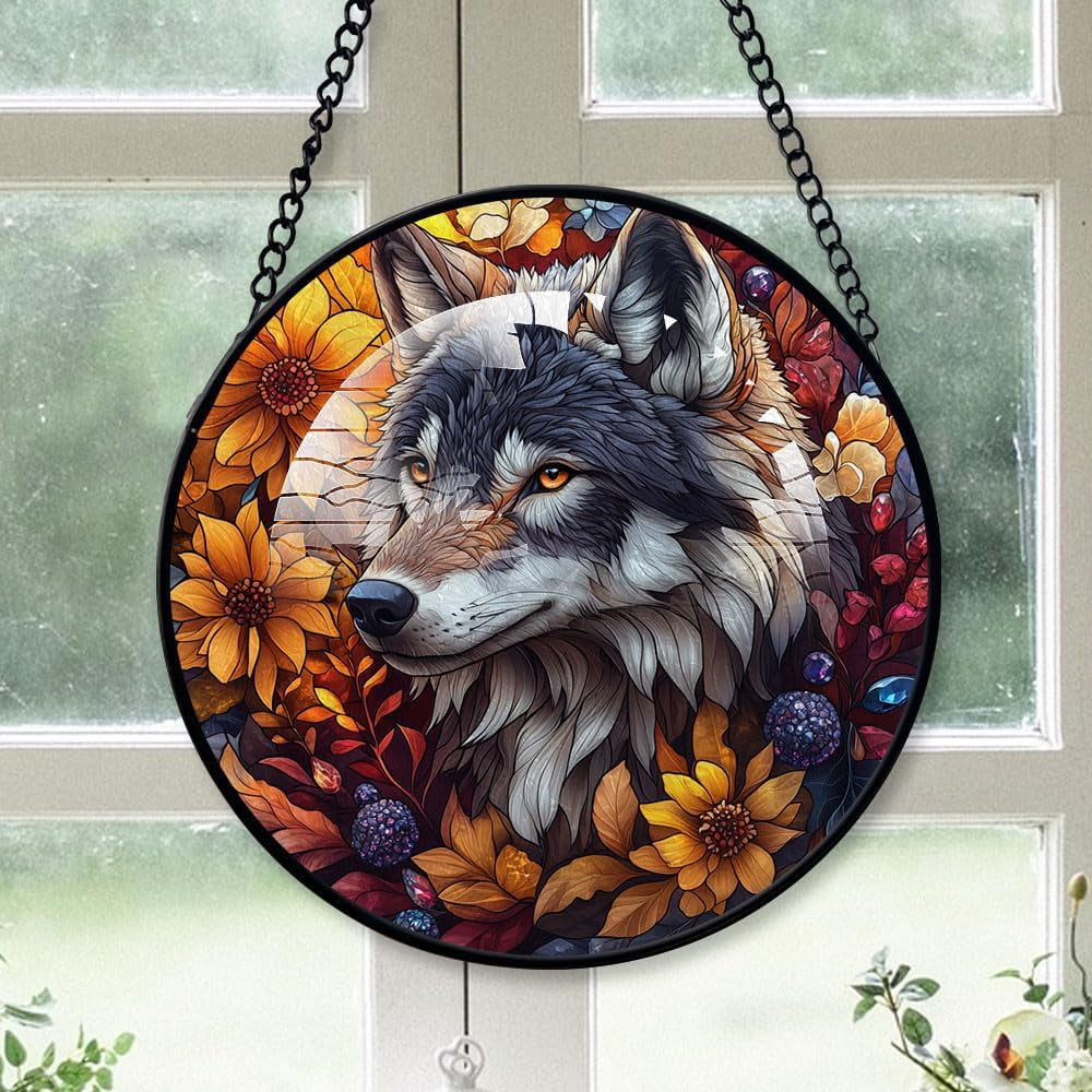 Customized Wolf Stained Glass, Wolf Glass Panel Sun Catcher - Pretty ...