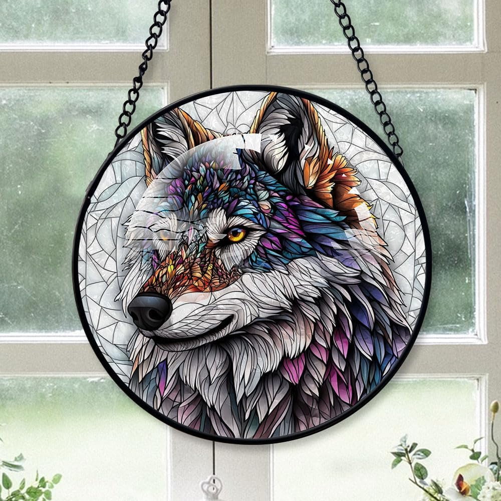 Customized Wolf Stained Glass, Wolf Glass Panel Sun Catchers Pretty ...